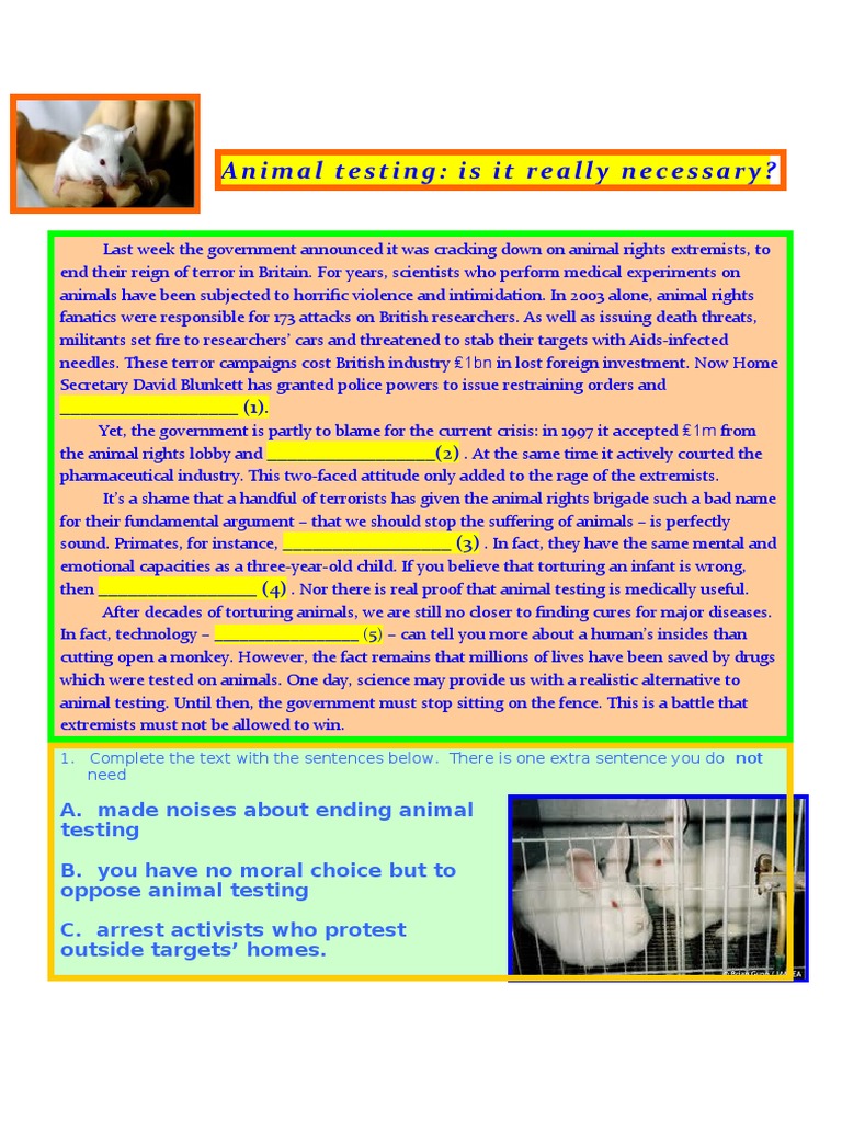 Animal Testing-Reading Comprehension, True False, Gapfilling and Exam ...