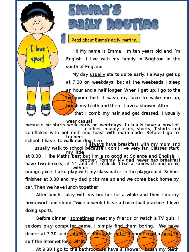 Emmas Daily Routine Reading Fun Activities Games Reading Comprehension ...