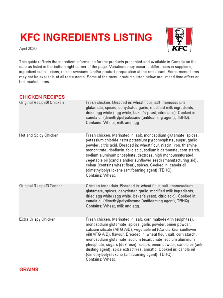 KFC ingredients list Canada | PDF | Mustard (Condiment) | Food Industry