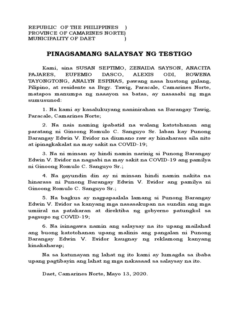 Pinagsamang Salaysay NG Testigo | PDF