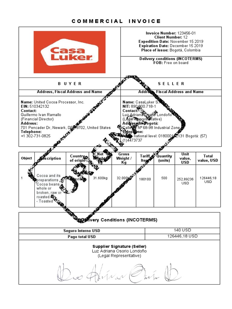 Commercial Invoice: Delivery Conditions (INCOTERMS) | PDF | Theobroma ...