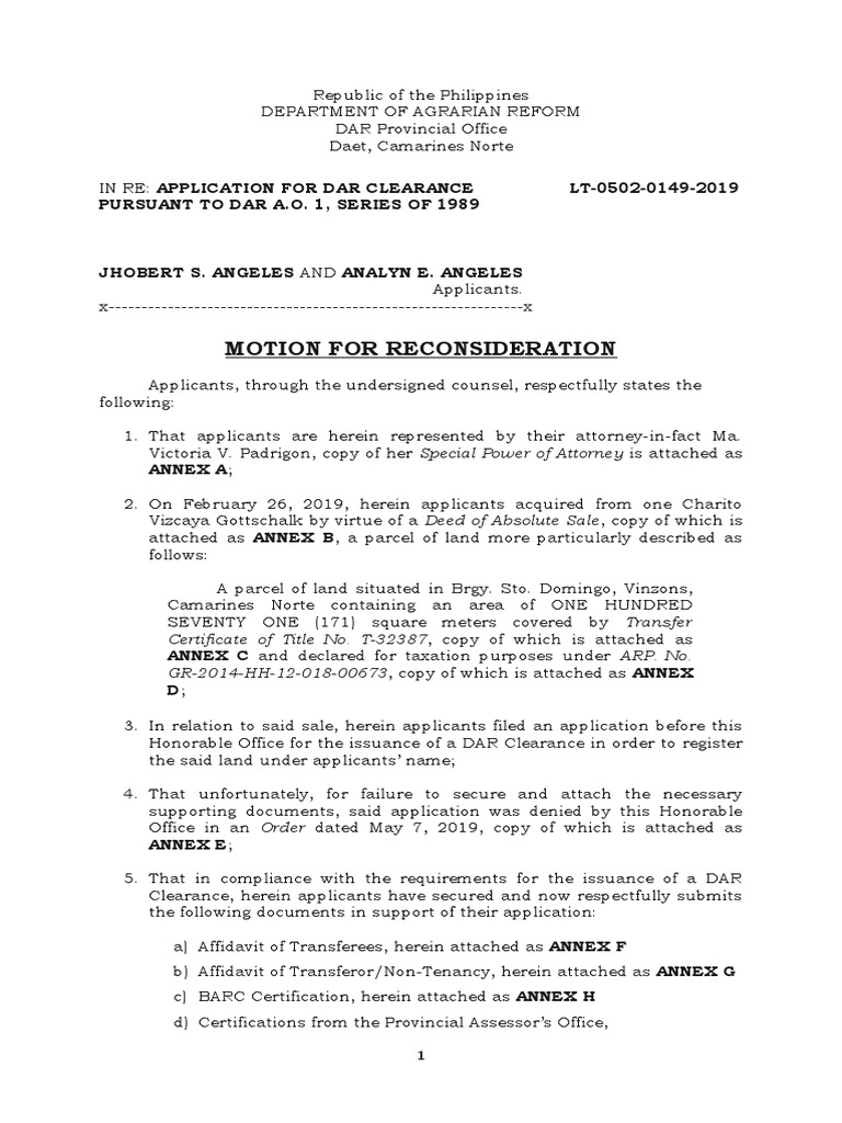 Motion For Reconsideration DAR Clearance | PDF | Civil Law (Common Law ...
