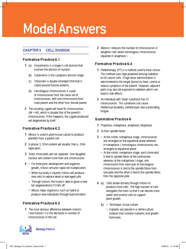 DLP - Biology F4 - Answers - Chap 6 (Final) - 1 | PDF | Mitosis | Meiosis