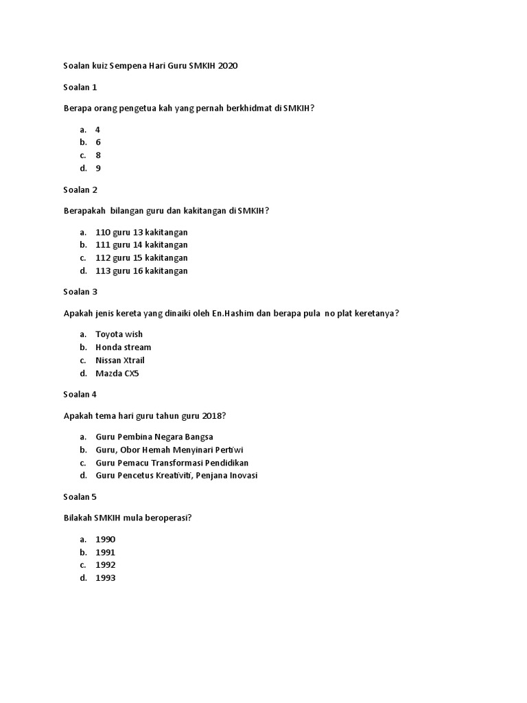 Soalan Kuiz Sempena Hari Guru SMKIH 2020 | PDF