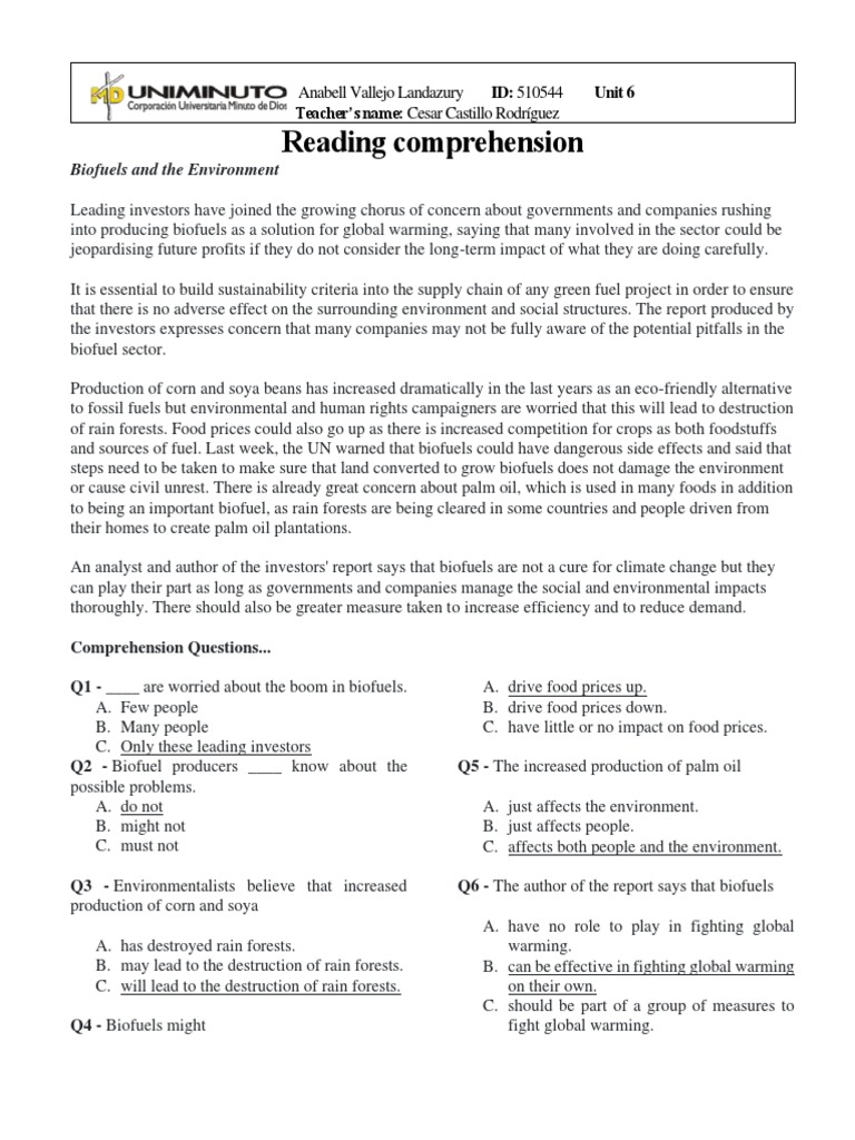 UNIT 6 Reading Comprehension | PDF | Biofuel | Global Warming