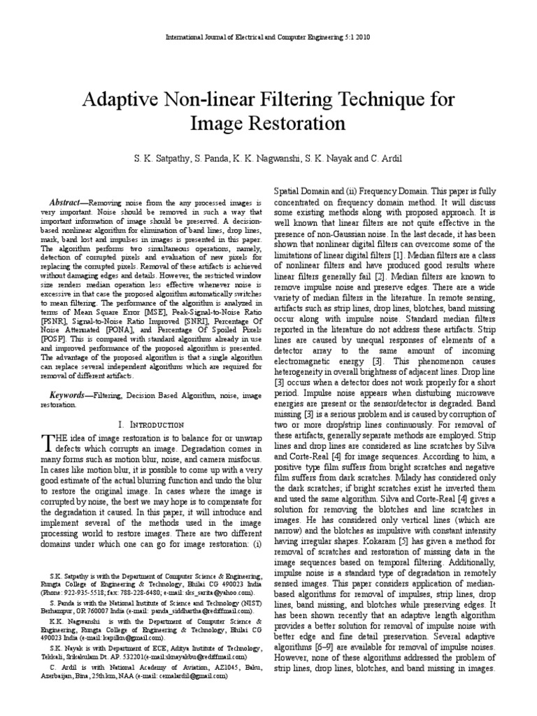 Adaptive Non-Linear Filtering Technique For Image Restoration | PDF | Signal To Noise Ratio ...