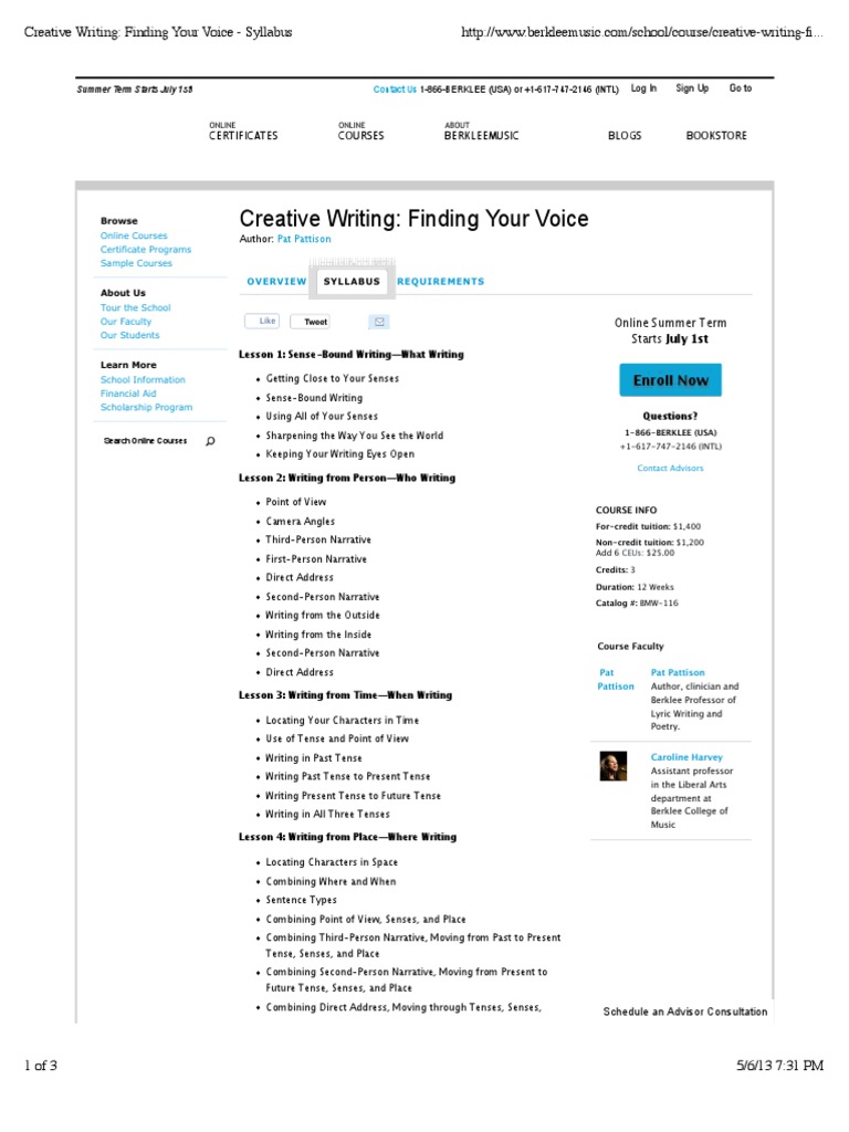 Creative Writing: Finding Your Voice - Syllabus | PDF | Verb | Narration