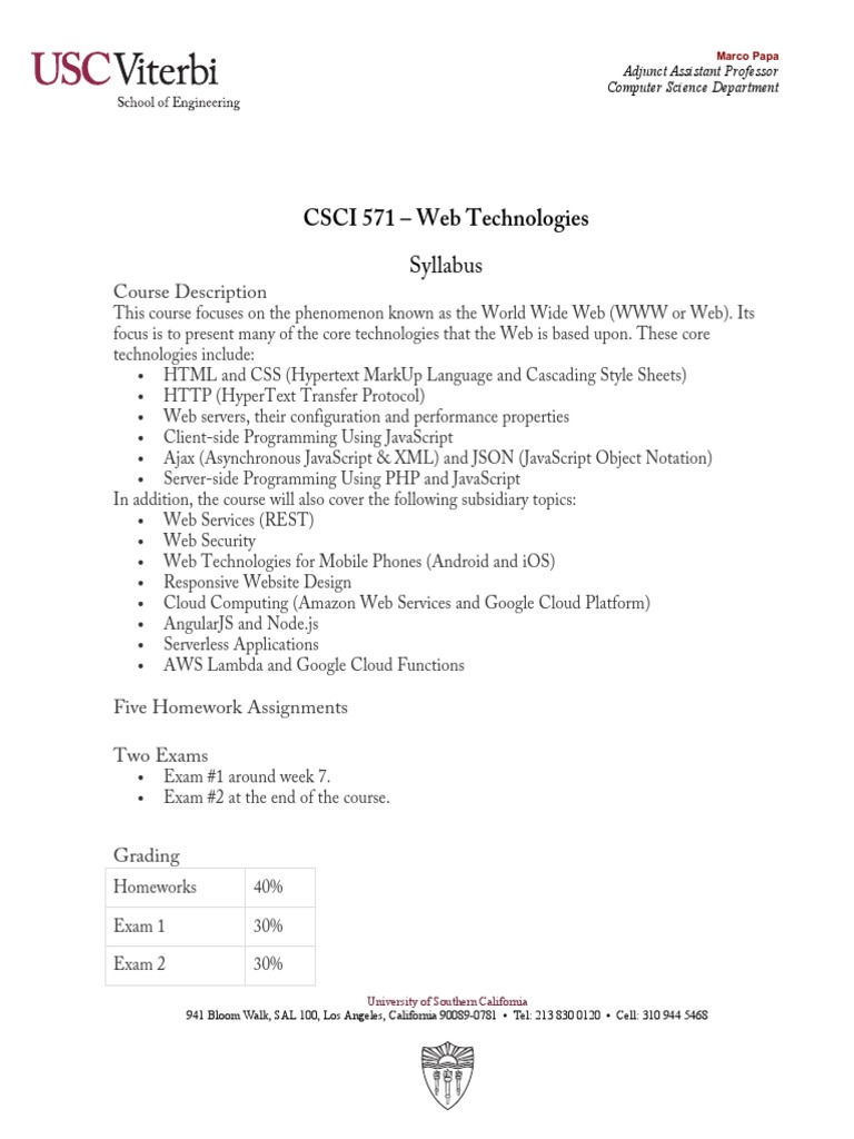 CSCI 571 - Web Technologies: Syllabus | PDF