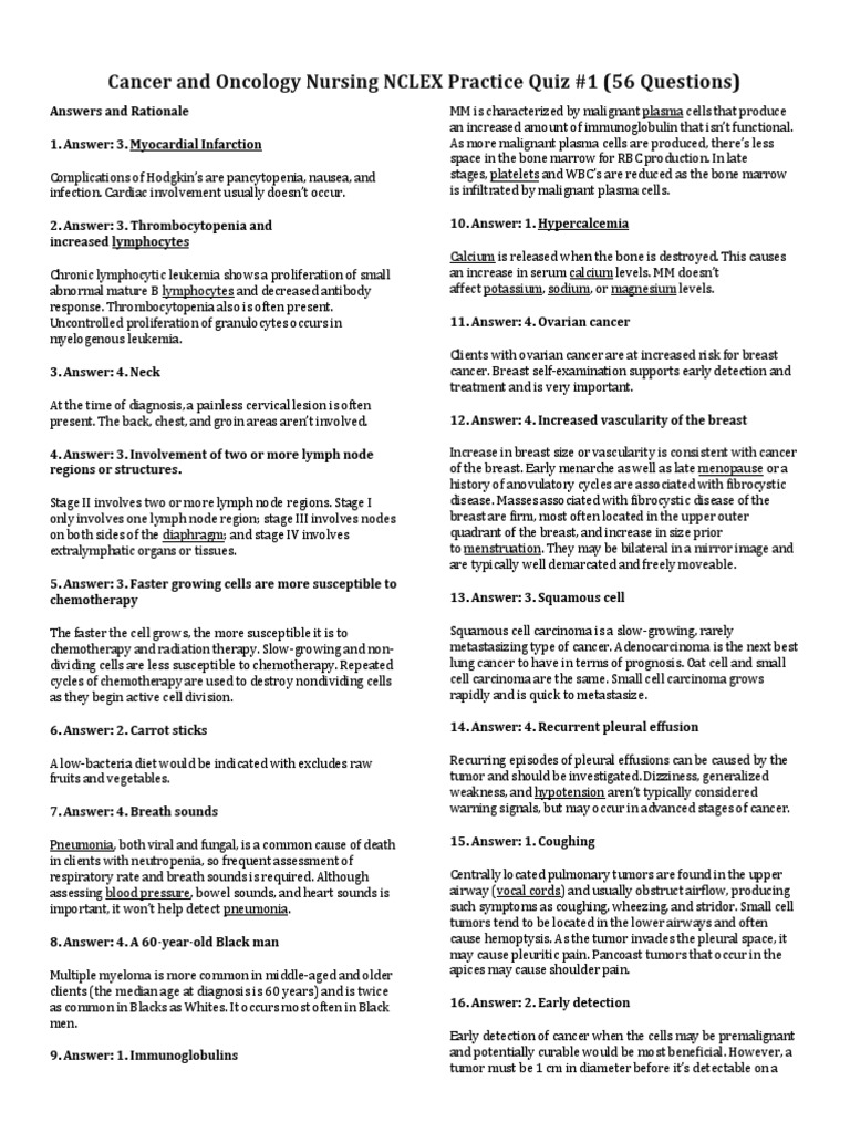 Cancer and Oncology Nursing NCLEX Practice Quiz ANS | PDF | Leukemia ...