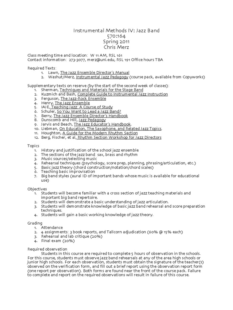 Instrumental Methods IV: Jazz Band 570:164 Spring 2011 Chris Merz | PDF ...