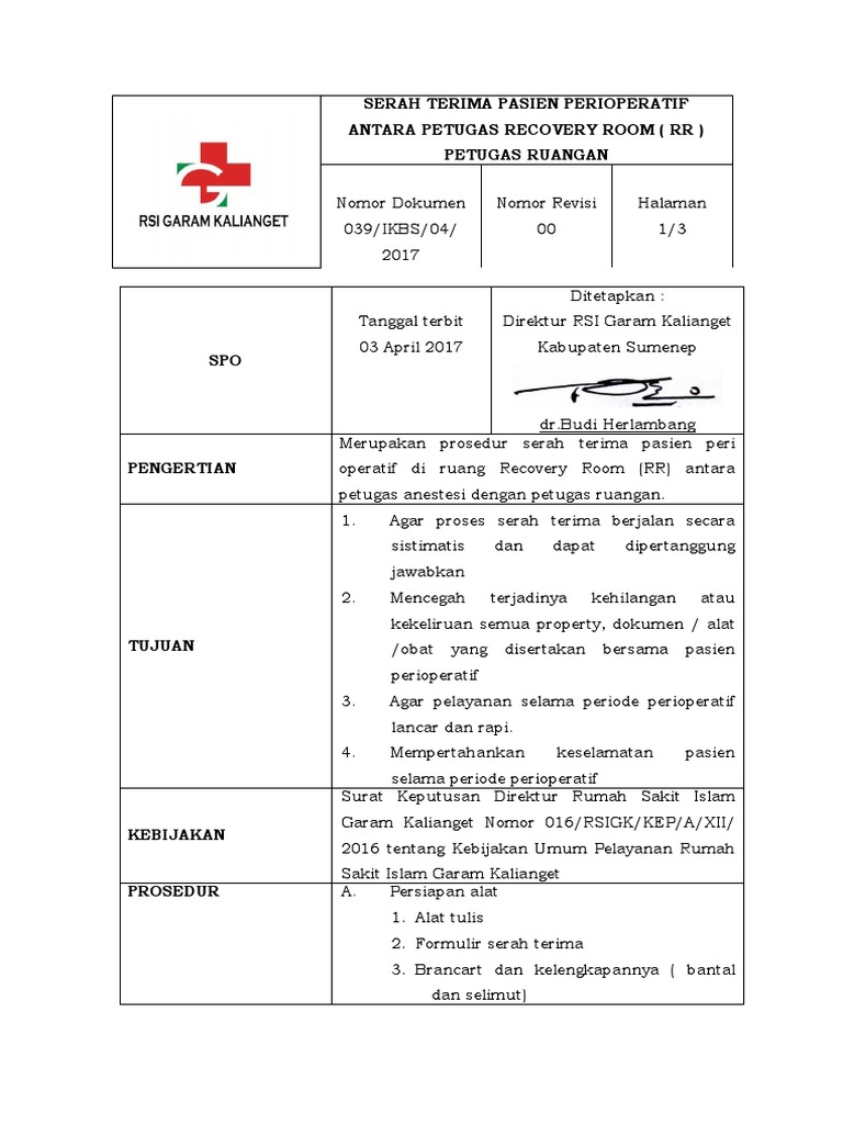 39.spo Serah Terima Pasien RR Ke Ruangan (Pab, Ikbs) Rev | PDF