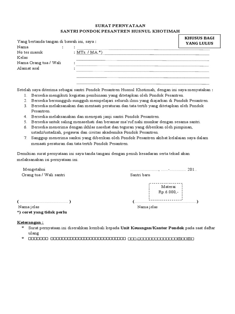 Surat Pernyataan Santri Pondok Pesantren Surat Pernyataan Orang Tuawali Santri | PDF