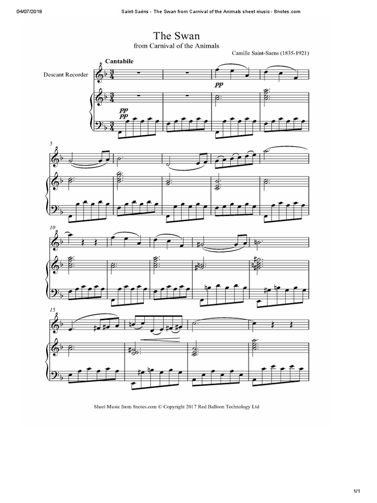 The Swan Sheet Music by Saint-Saëns | PDF