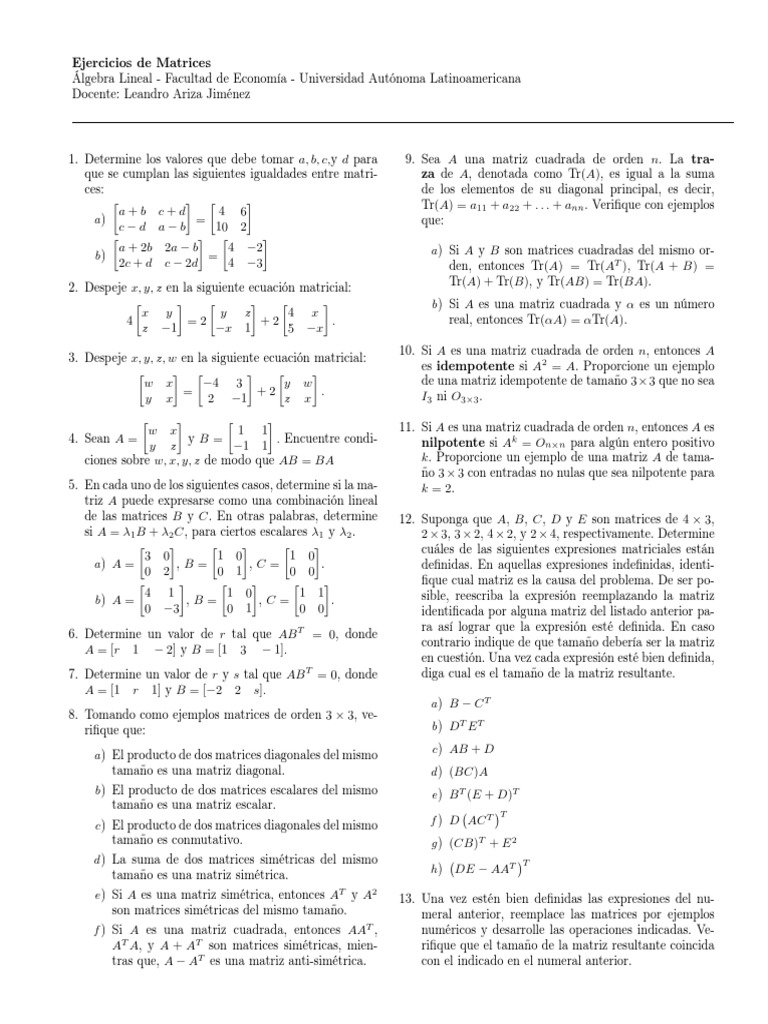 AlgLin Taller - 1 Matrices | PDF | Matriz (Matemáticas) | Física teórica