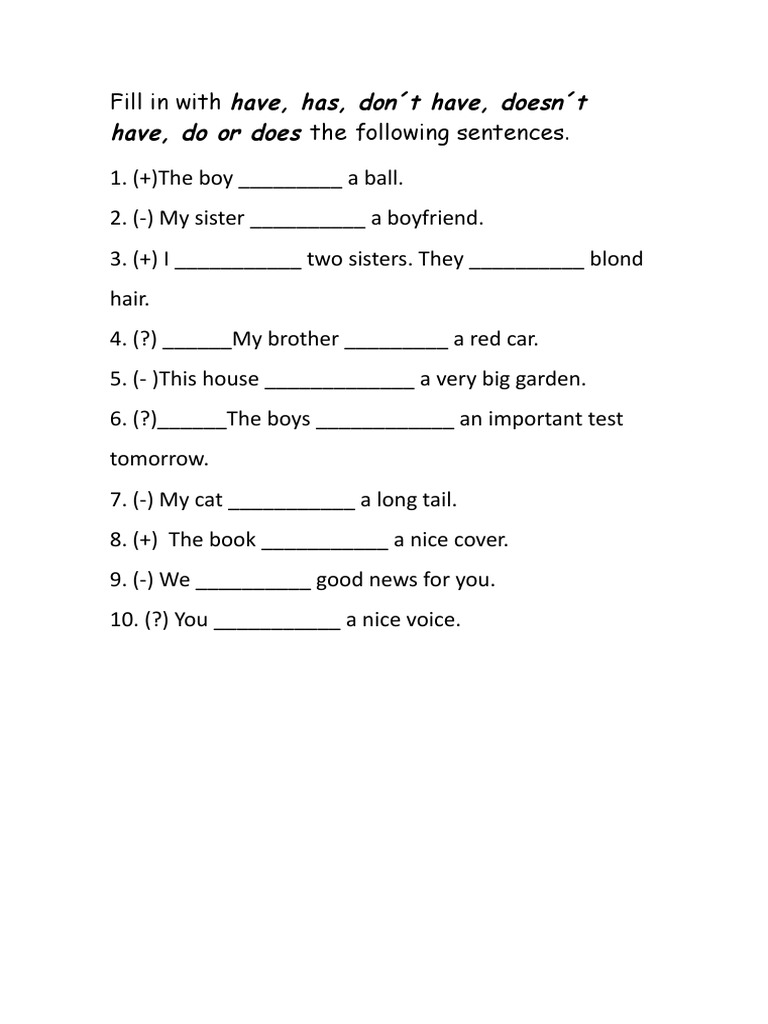 Have, Has, Don T Have, Doesn T Have, Do or Does The Following Sentences ...