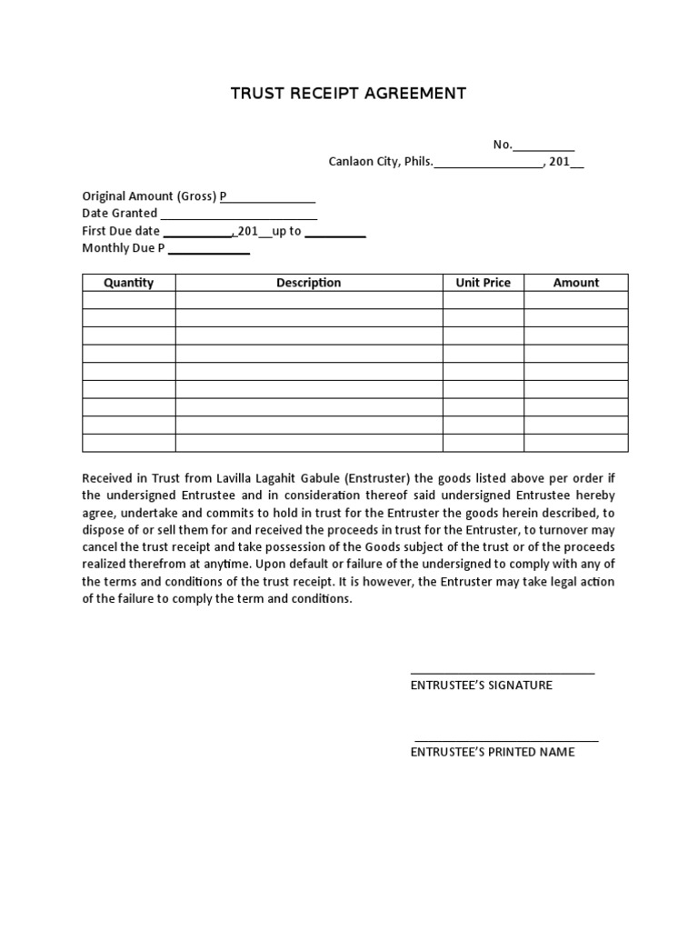 Trust Receipt Agreement: Quantity Description Unit Price Amount | PDF ...