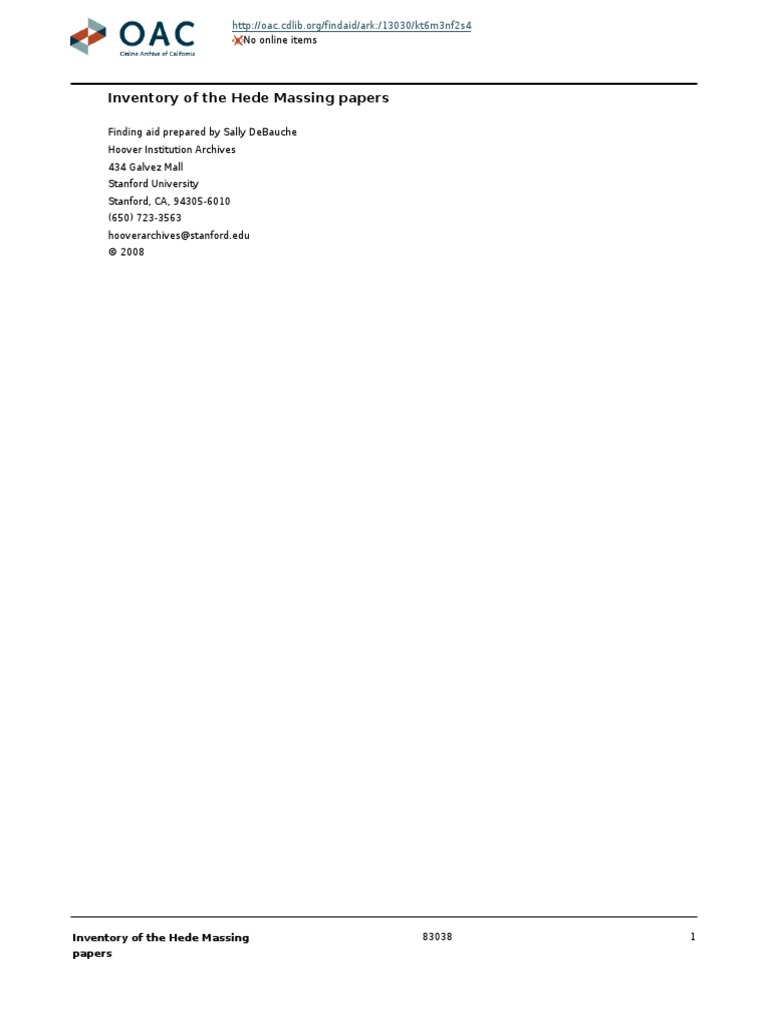 Inventory of The Hede Massing Papers: No Online Items | PDF | Unrest