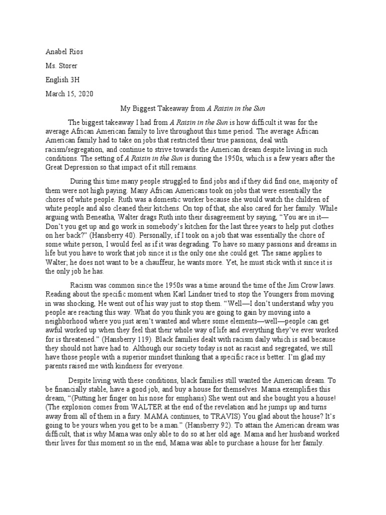 Raisin in The Sun Takeaway | PDF | Politics And Race | Discrimination ...