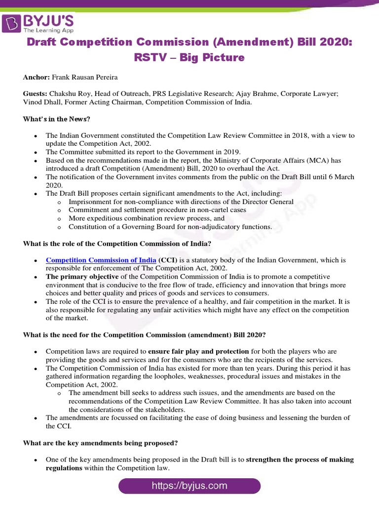 Draft Competition Commission (Amendment) Bill 2020: RSTV - Big Picture ...
