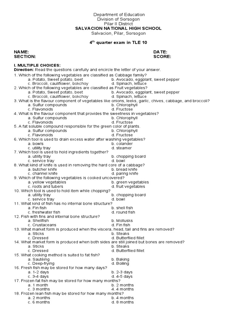 GRD. 10 4TH QUARTER EXAM Cookery | PDF | Vegetables | Cooking