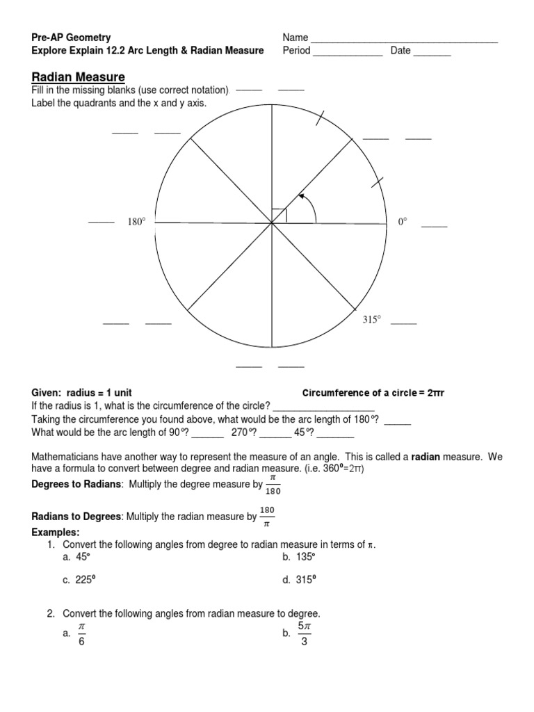 Radian Measure: Pre-AP Geometry Explore Explain 12.2 Arc Length ...