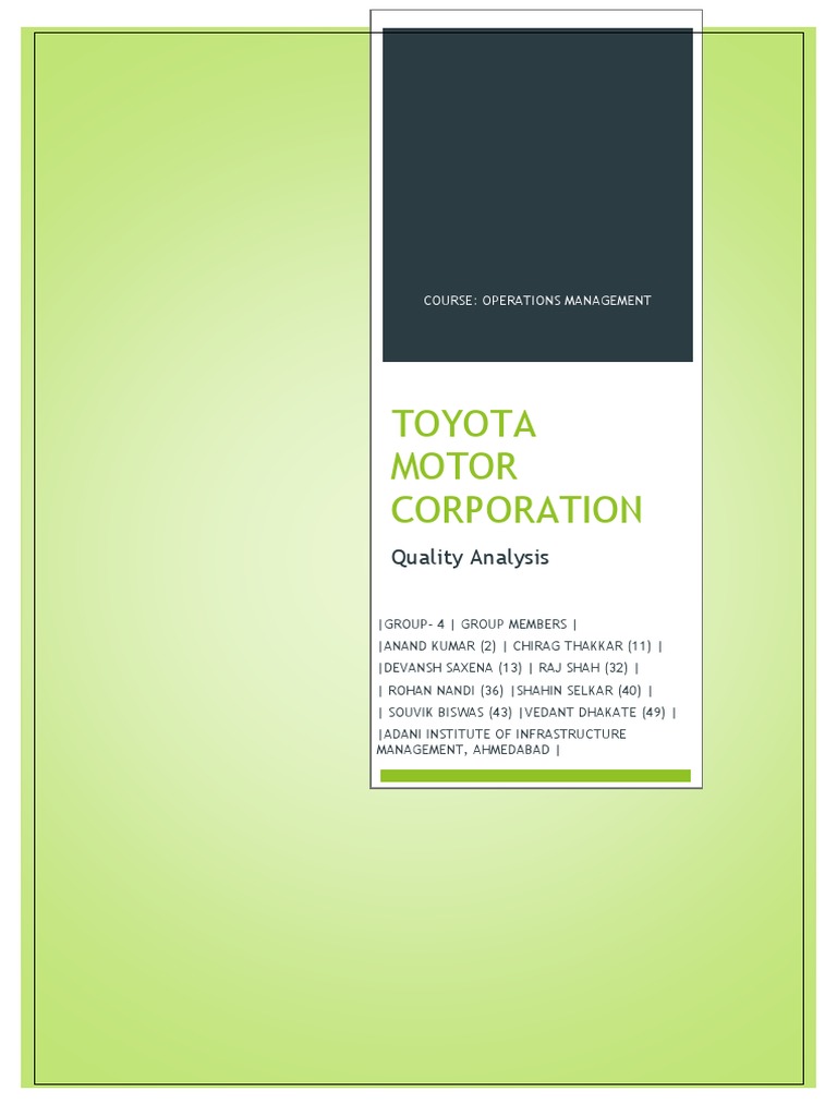 Toyota Motor Corporation: Quality Analysis | PDF | Business | Economies