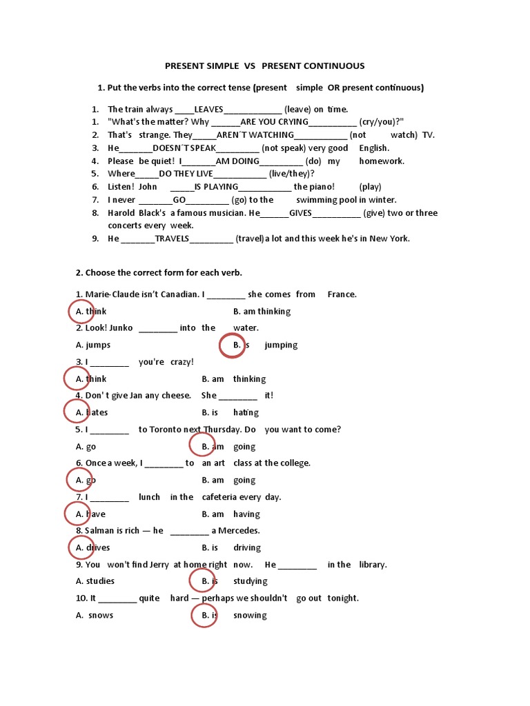 CLASE 3 - EXERCISES Present Simple-Present Continuous | PDF | Syntax | Linguistic Morphology