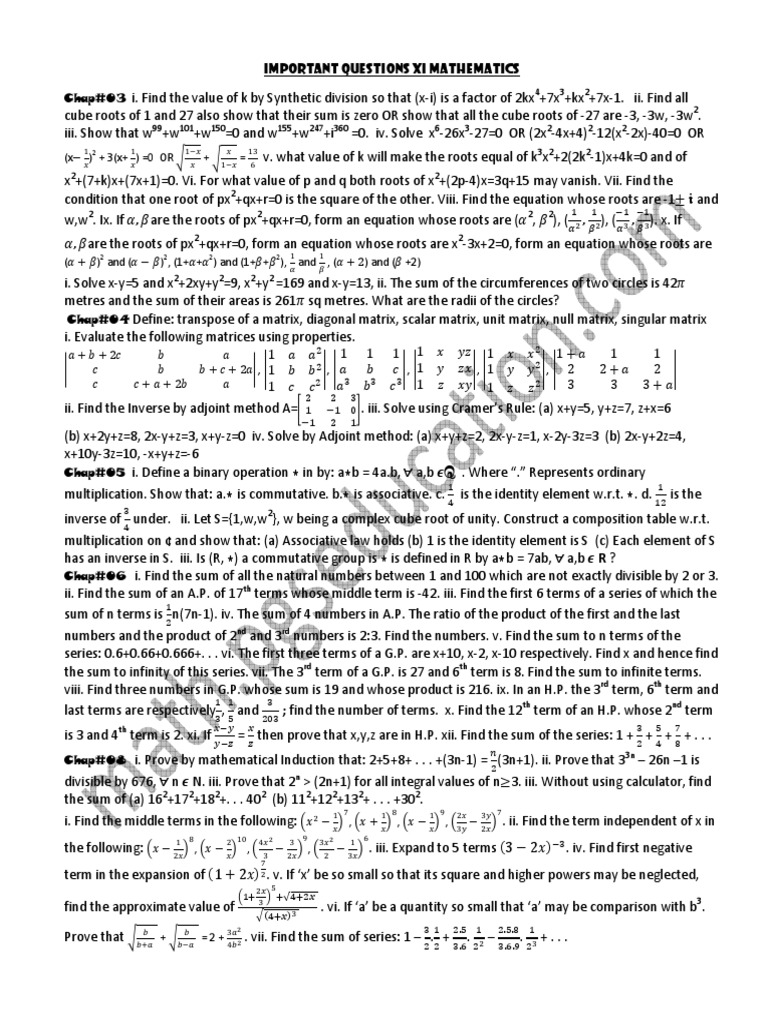 Important Questions XI MATHEMATICS: Chap#03 | PDF | Matrix (Mathematics ...