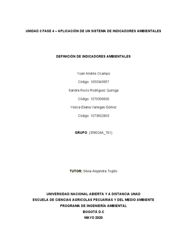 Unidad 3 Fase 4 - Aplicación de un sistema de indicadores ambientales (1) | PDF | La ...