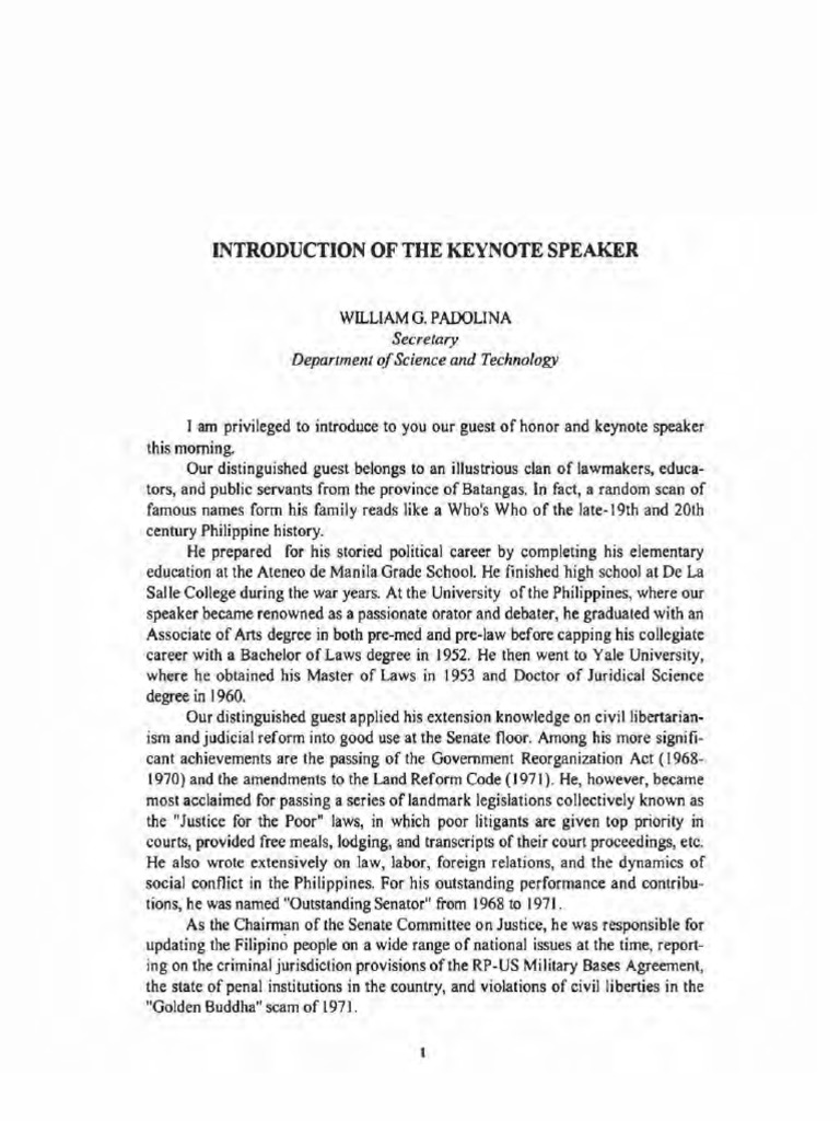 Introduction of The Keynote Speaker William G. Padolina 1997 | PDF ...