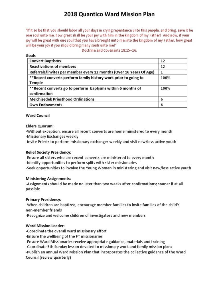 2018 Ward Mission Plan Master | PDF | Missionary (Lds Church ...