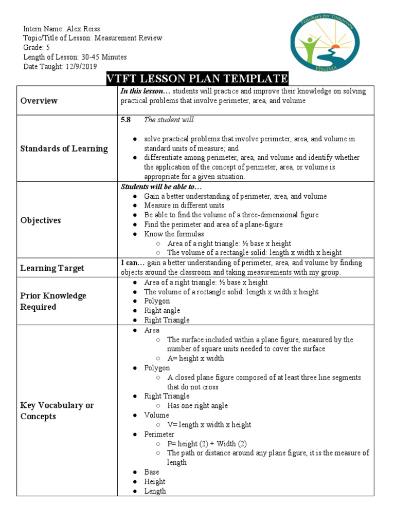 5th Grade Measurement Review Lesson | PDF | Area | Length