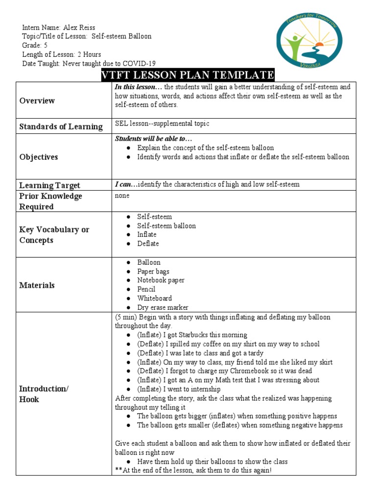 Self-Esteem Balloon Lesson Plan | PDF | Balloon | Self Esteem
