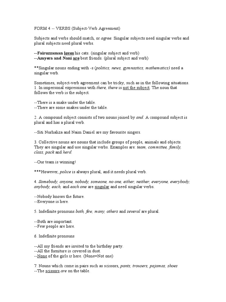 FORM 4 - Subject-Verb Agreement | PDF | Grammatical Number | Plural