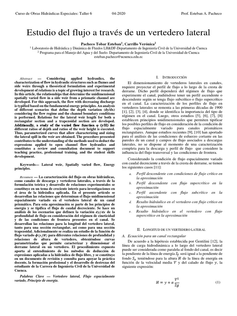 TALLER 6 Vertedero Lateral | PDF | Descarga (hidrología) | Ecuaciones