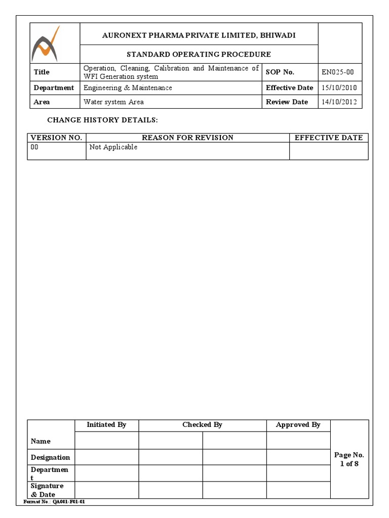 Sop For Wfi Generation System New Pdf Steam Calibration