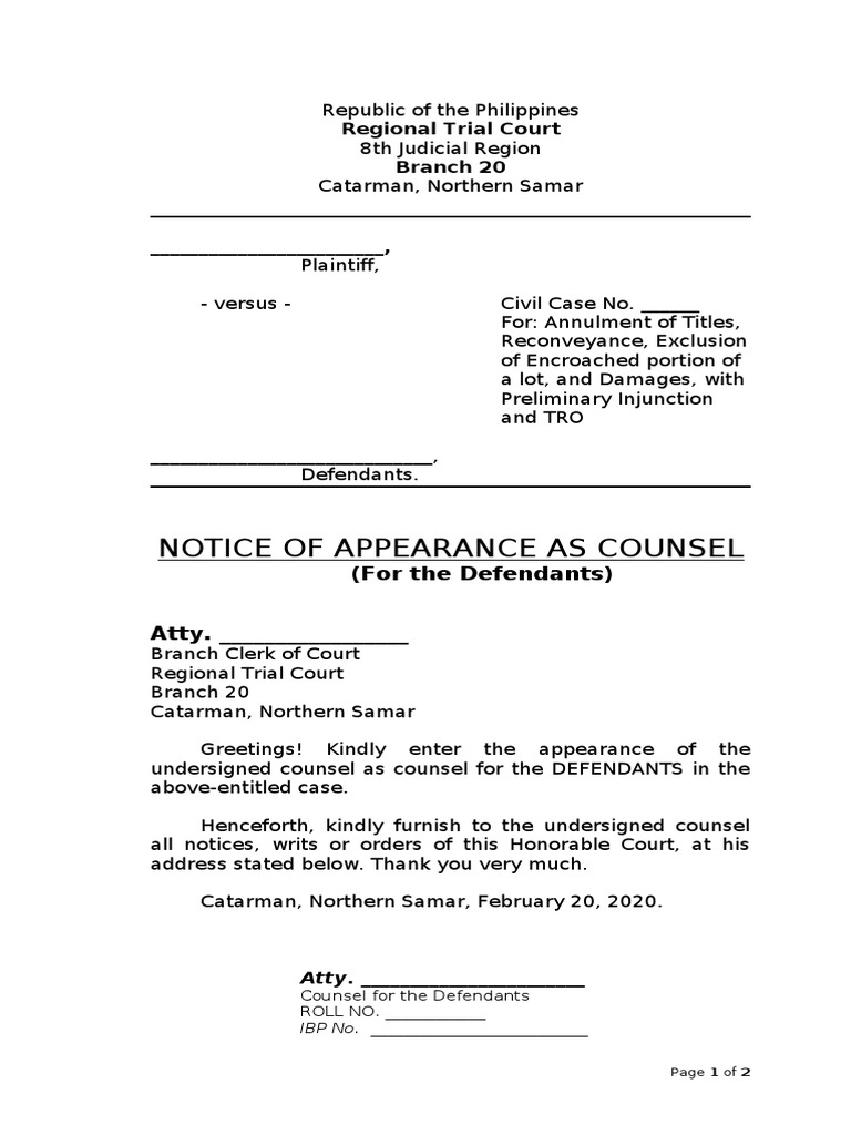 Written Entry of Appearance by Counsel For The Defendants (Civil Case ...
