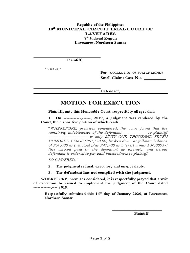 Motion For Issuance of WRIT OF EXECUTION in Small Claims Philippines | PDF