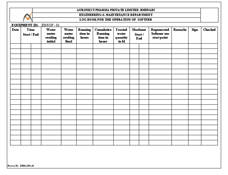 AURONEXT PHARMA'S LOG BOOK FOR SOFTNER OPERATION | PDF