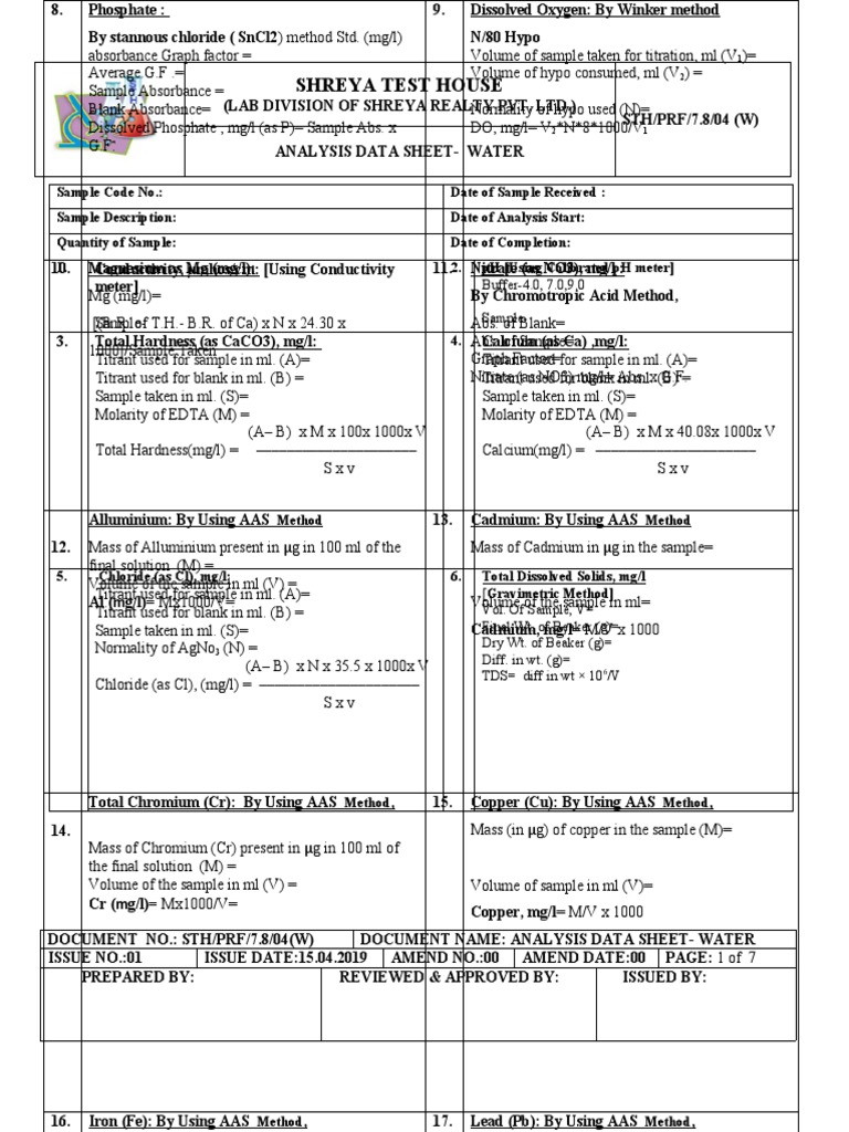 WATER Data Sheet | Download Free PDF | Titration | Chemistry