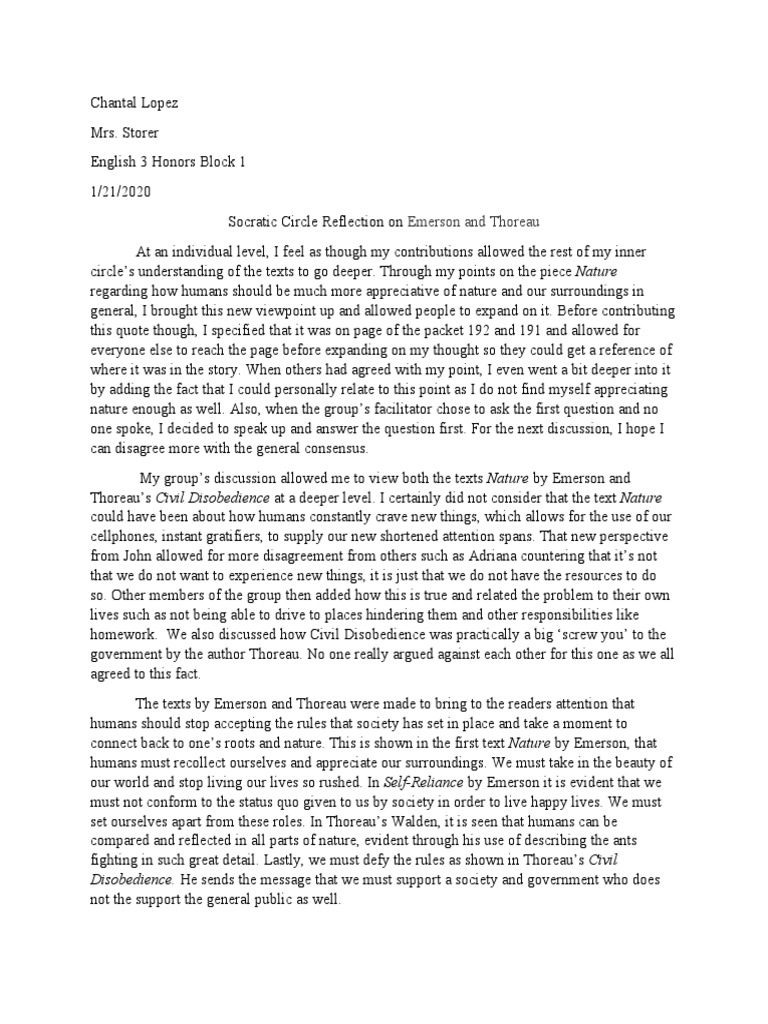 Socratic Seminar Reflection | PDF | Henry David Thoreau | Walden