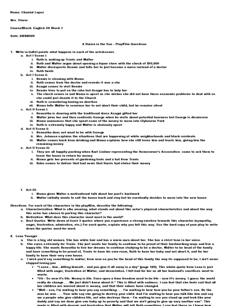 Film Questions A Raisin in The Sun | PDF