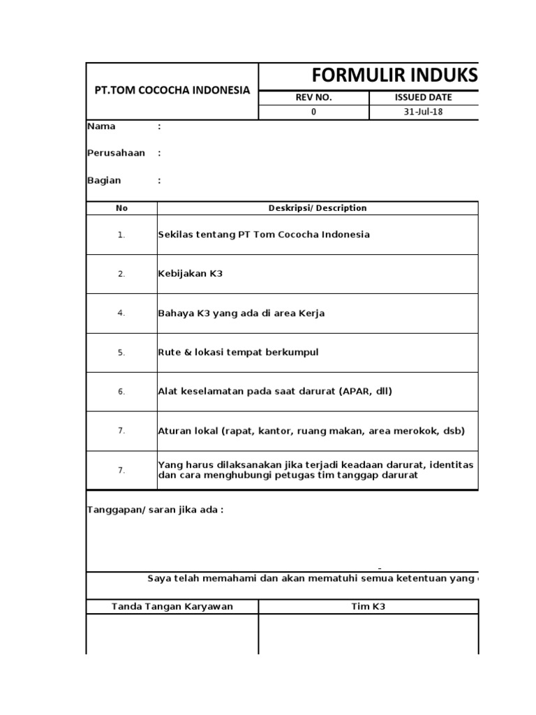 IPN-HSE-IK-006-F001 Form Induksi Keselamatan | PDF