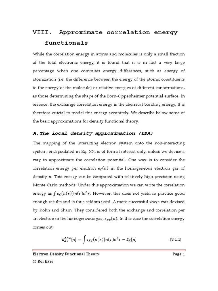 VIII. Approximate Correlation Energy Functionals: A. The Local Density Approximation (LDA) | PDF ...