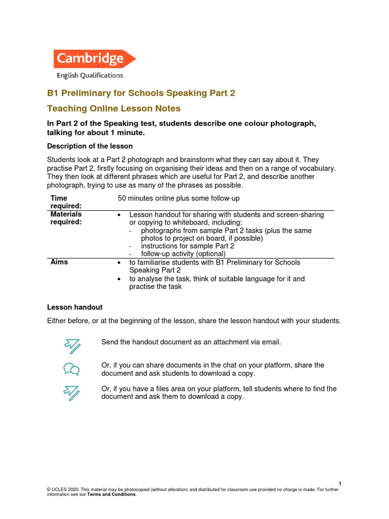 B1 Preliminary For Schools Speaking Part 2 Teaching Online Lesson Notes ...