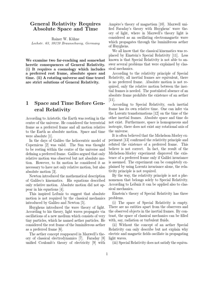 General Relativity Requires Absolute Space and Time: Lechstr. 63, 38120 Braunschweig, Germany ...