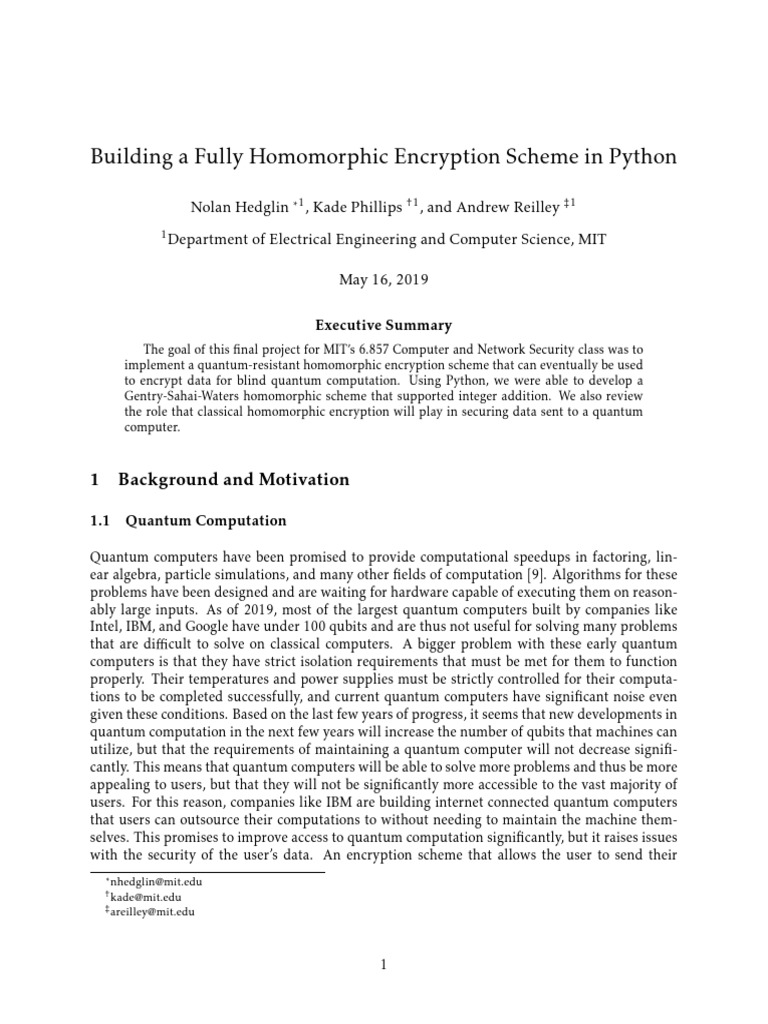 Building A Fully Homomorphic Encryption Scheme In Python Pdf Quantum Computing Cryptography