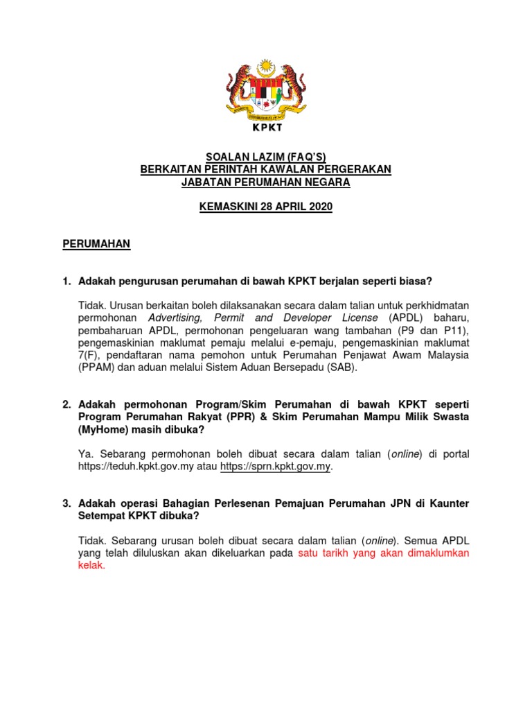 FAQ KPKT PERUMAHAN Update 28042020 | PDF