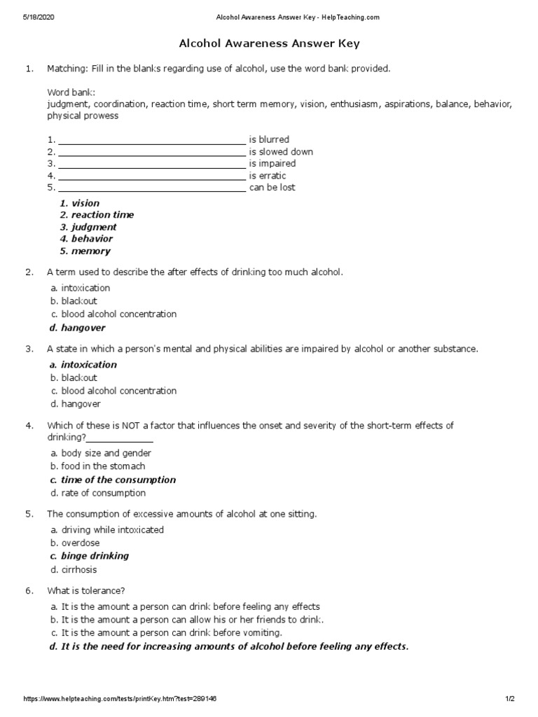Alcohol Awareness Test Answer Key | PDF | Alcohol Intoxication | Alcoholism