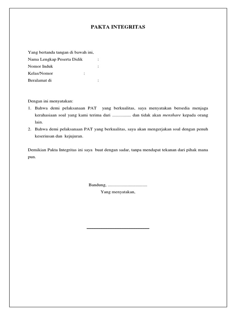 Contoh Pakta Integritas Ujian PDF | PDF